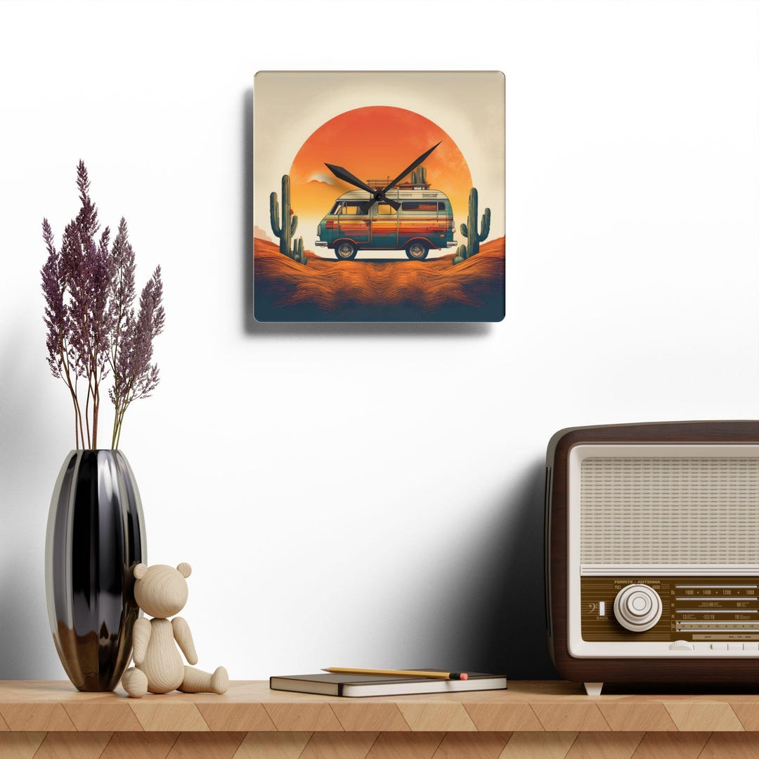 Desert Camper Van Clock, Retro Sunset Road Trip Art, Boho Southwest ...