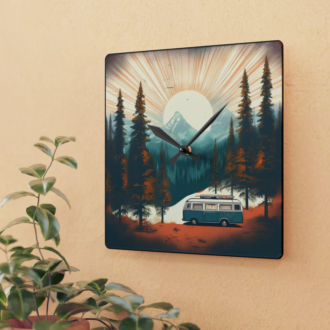 Mountain Camper Van Clock, Retro Forest Landscape, Vintage Road Trip ...