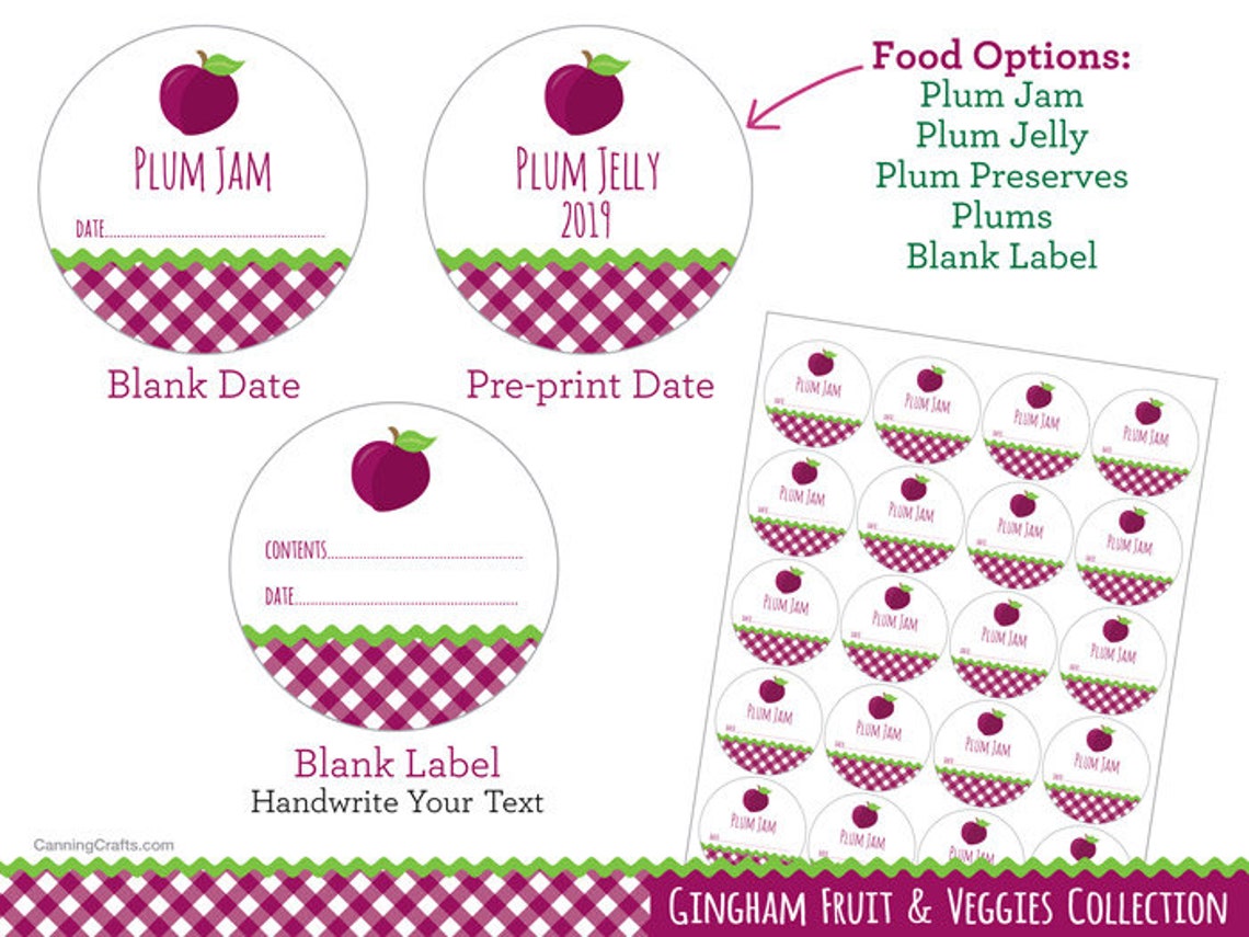 Gingham Plum Jam Canning Labels Printed Round Mason Jar - Etsy