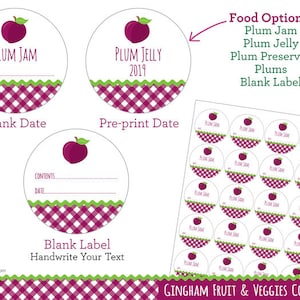Gingham Plum Jam Canning Labels, Printed Round Mason Jar Stickers for ...
