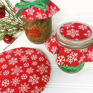 12 Red Snowflake Christmas Jam Jar Covers, Holiday Fabric Cloth Toppers ...