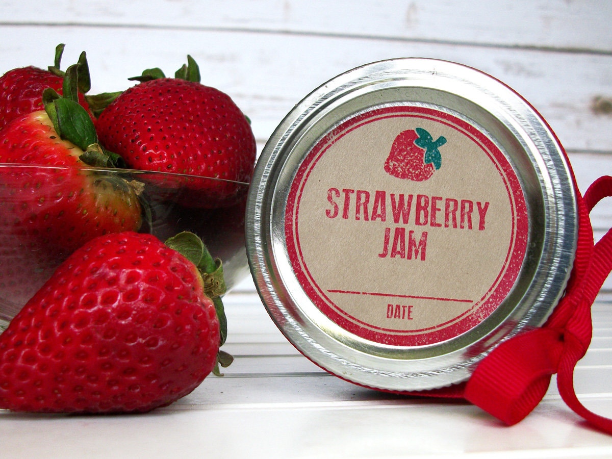 Rubber Stamp Strawberry Jam Kraft Paper Canning Jar Labels, Round Red ...