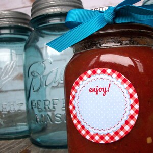 Cottage Chic Red & Blue Canning Jar Labels, Gingham Polka Dot Round ...