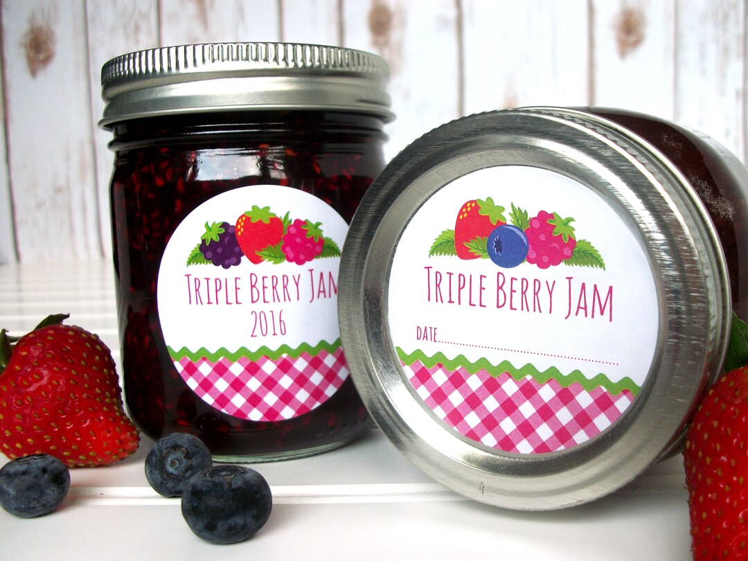 Gingham Triple Berry Jam Canning Labels, Strawberry Blueberry ...