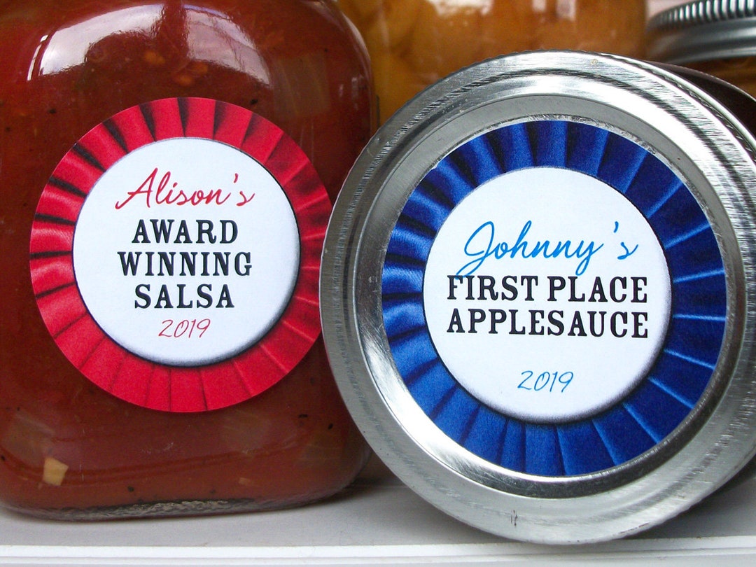 Custom Red or Blue Award Ribbon Winning Canning Jar Labels, Round Mason ...