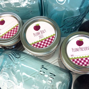 Gingham Plum Jam Canning Labels, Printed Round Mason Jar Stickers for ...
