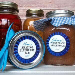 Custom Red or Blue Award Ribbon Winning Canning Jar Labels, Round Mason ...
