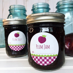 Gingham Plum Jam Canning Labels, Printed Round Mason Jar Stickers for ...