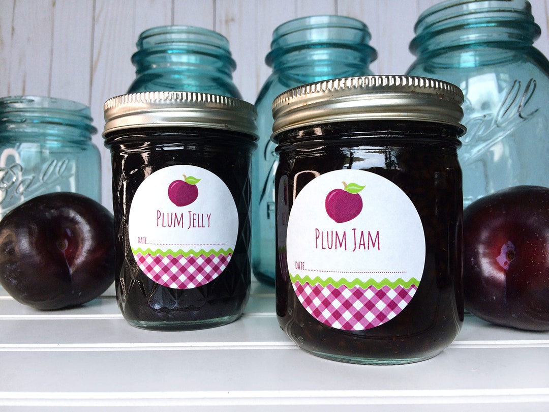 Gingham Plum Jam Canning Labels, Printed Round Mason Jar Stickers for ...