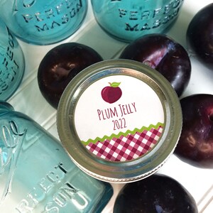 Gingham Plum Jam Canning Labels, Printed Round Mason Jar Stickers for ...