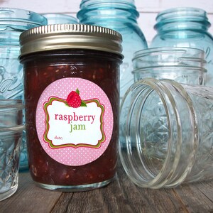 Red Raspberry Jam Canning Jar Labels, Round Cute Pink Mason Jar ...