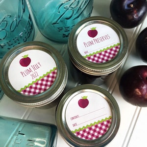 Gingham Plum Jam Canning Labels, Printed Round Mason Jar Stickers for ...
