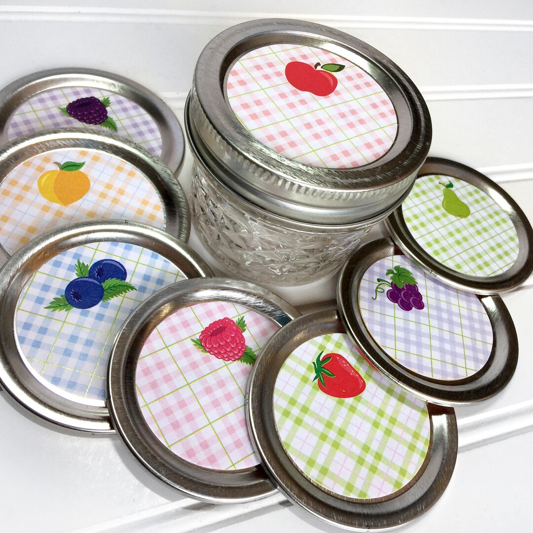 Plaid Fruit Canning Labels, Round Mason Jar Stickers, Grape Pear Peach ...