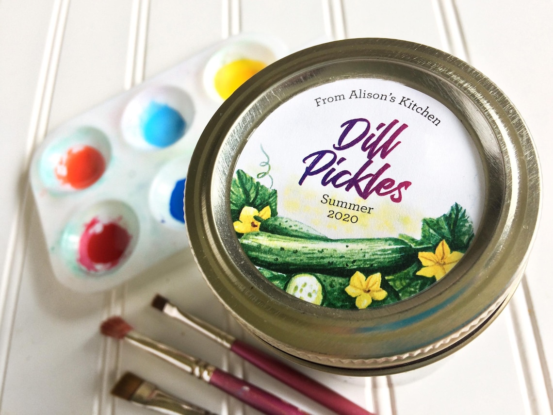Custom Watercolor Pickle Canning Labels, Round Printed Personalized ...