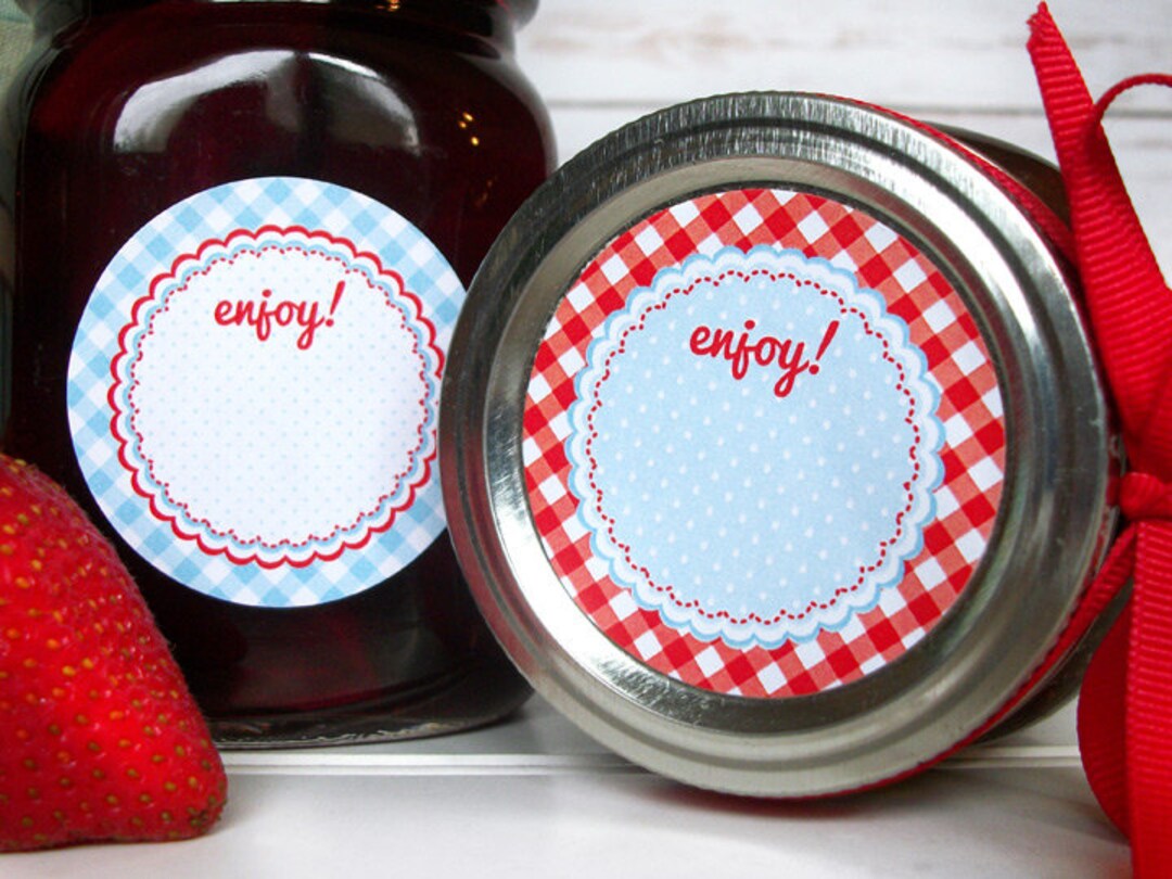 Cottage Chic Red & Blue Canning Jar Labels, Gingham Polka Dot Round ...