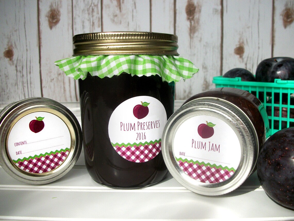 Gingham Plum Jam Canning Labels Printed Round Mason Jar - Etsy