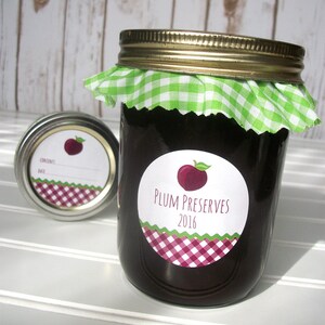 Gingham Plum Jam Canning Labels, Printed Round Mason Jar Stickers for ...