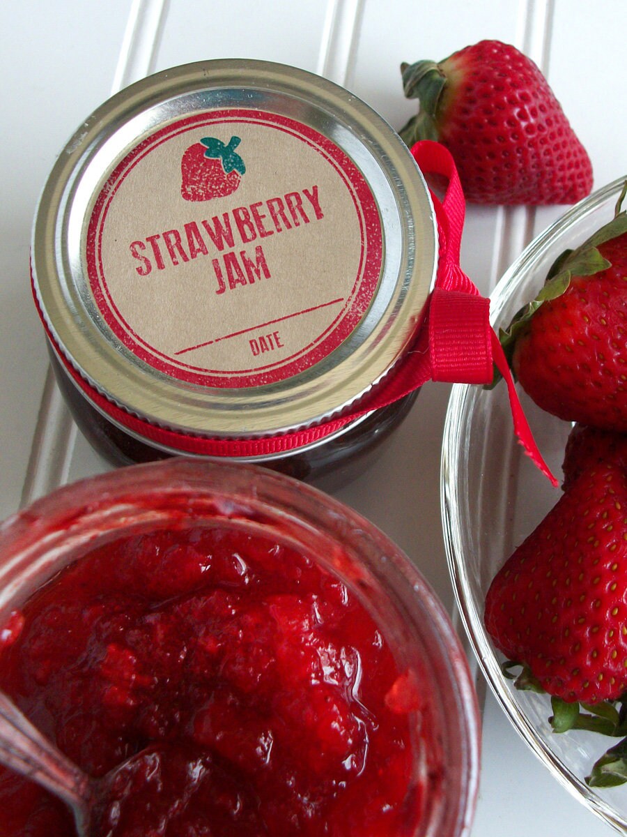 Rubber Stamp Strawberry Jam Kraft Paper Canning Jar Labels, Round Red ...