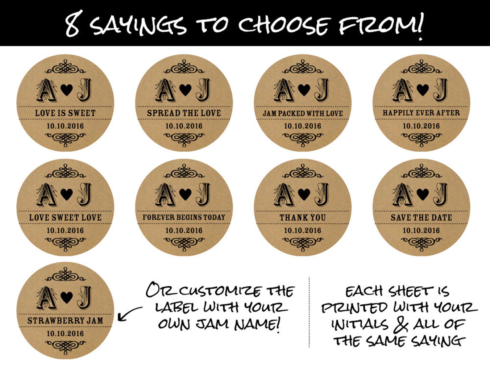 Wedding Initials KRAFT paper canning jar labels custom round | Etsy