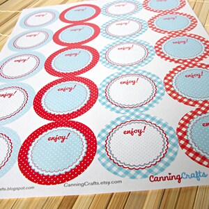 Cottage Chic Red & Blue Canning Jar Labels, Gingham Polka Dot Round ...
