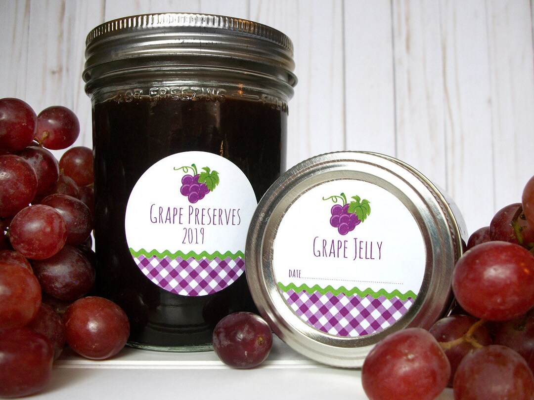 Gingham Grape Canning Jar Labels, Round Printed Purple Mason Jar ...