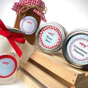 Cottage Chic Red & Blue Canning Jar Labels, Gingham Polka Dot Round ...