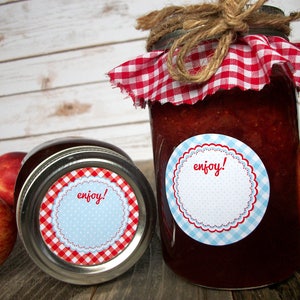 Cottage Chic Red & Blue Canning Jar Labels, Gingham Polka Dot Round ...