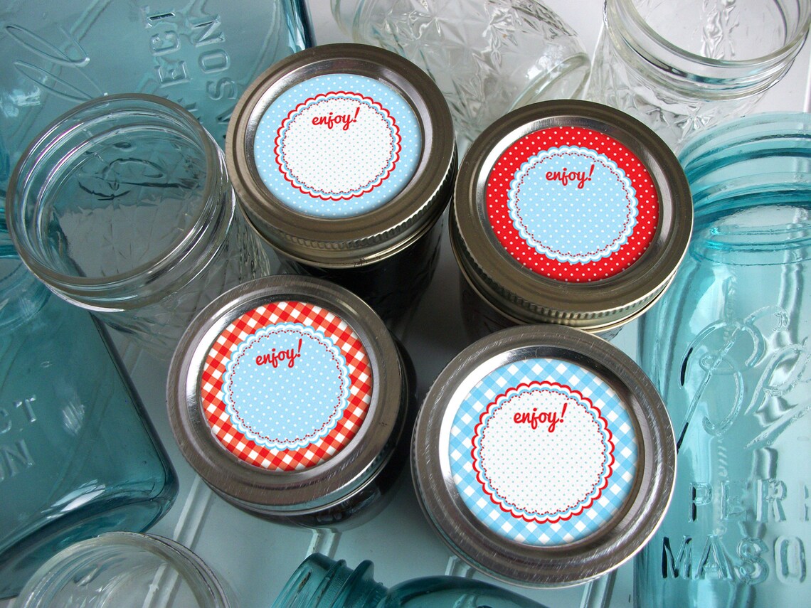 Cottage Chic Red & Blue Canning Jar Labels, Gingham Polka Dot Round ...