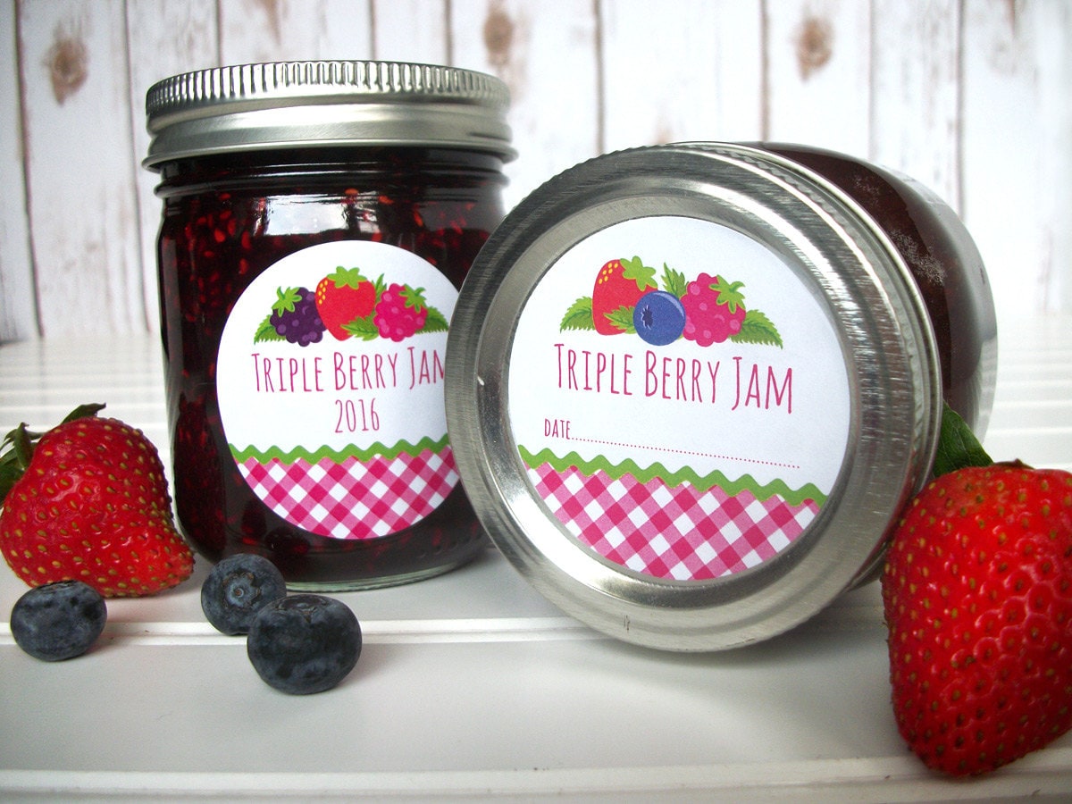 Gingham Triple Berry Jam canning labels Strawberry Blueberry | Etsy