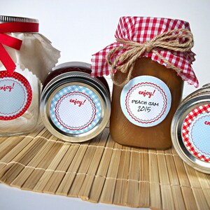 Cottage Chic Red & Blue Canning Jar Labels, Gingham Polka Dot Round ...