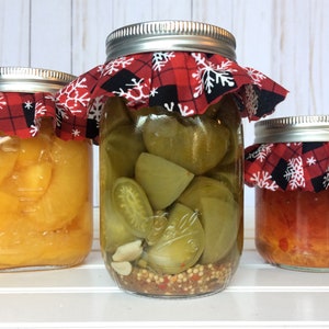 12 Buffalo Plaid Snowflake Christmas Jam Jar Covers, Red Fabric Cloth ...