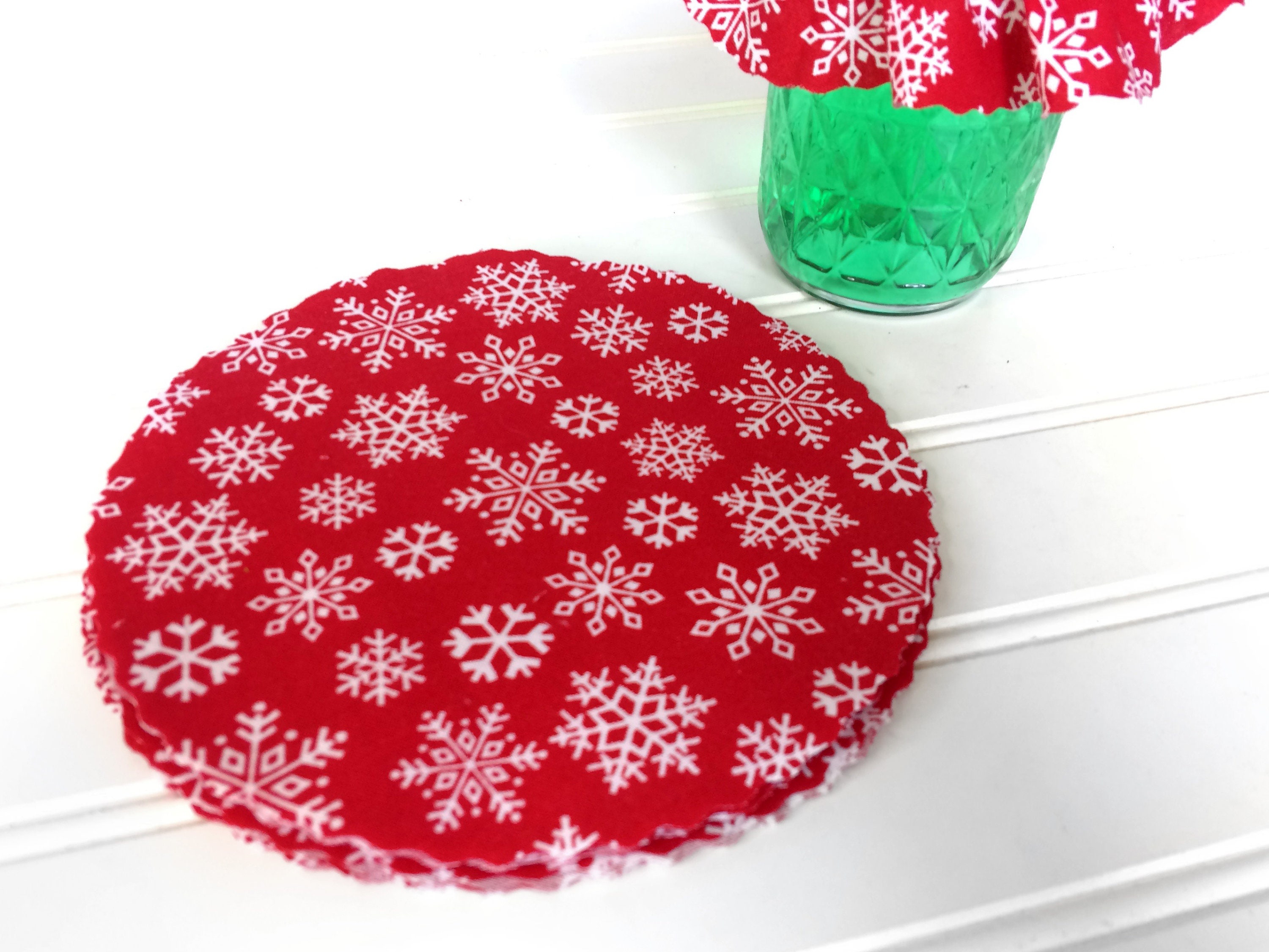 12 Red Snowflake Christmas Jam Jar Covers, Holiday Fabric Cloth Toppers ...