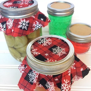 12 Buffalo Plaid Snowflake Christmas Jam Jar Covers, Red Fabric Cloth ...