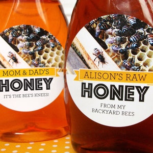 Custom Busy Bees Honey Bottle & Jar Labels, Round Honeycomb Honey Jar ...