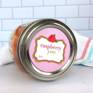 Red Raspberry Jam Canning Jar Labels, Round Cute Pink Mason Jar ...