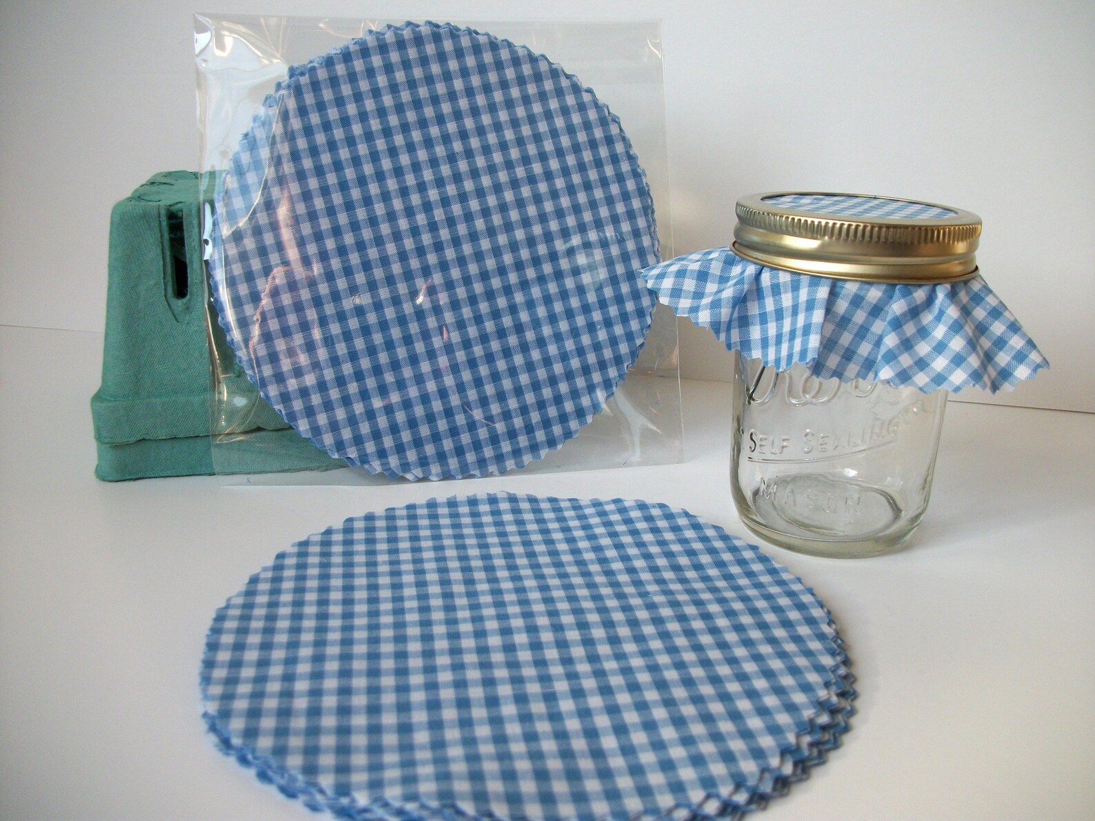 12 Blue Gingham Jam Jar Covers, Fabric Cloth Toppers for Mason Jars ...