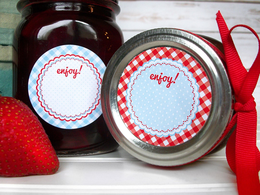 Cottage Chic Red & Blue Canning Jar Labels, Gingham Polka Dot Round ...