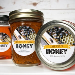 Custom Busy Bees Honey Bottle & Jar Labels, Round Honeycomb Honey Jar ...