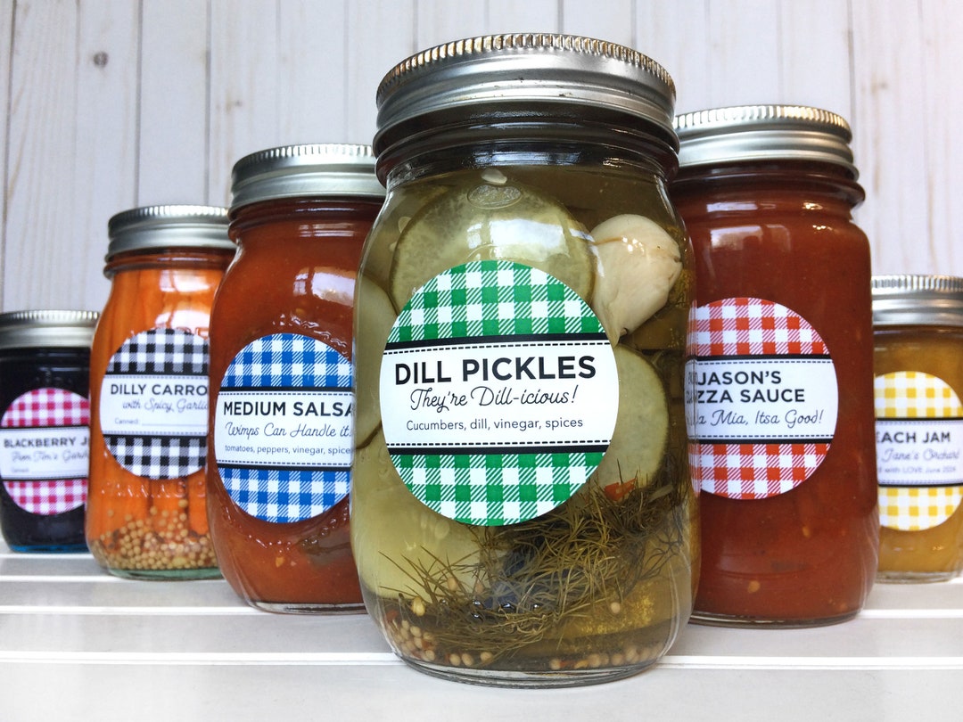 CUSTOM Gingham Picnic Canning Labels, Colorful Personalized Round Mason ...
