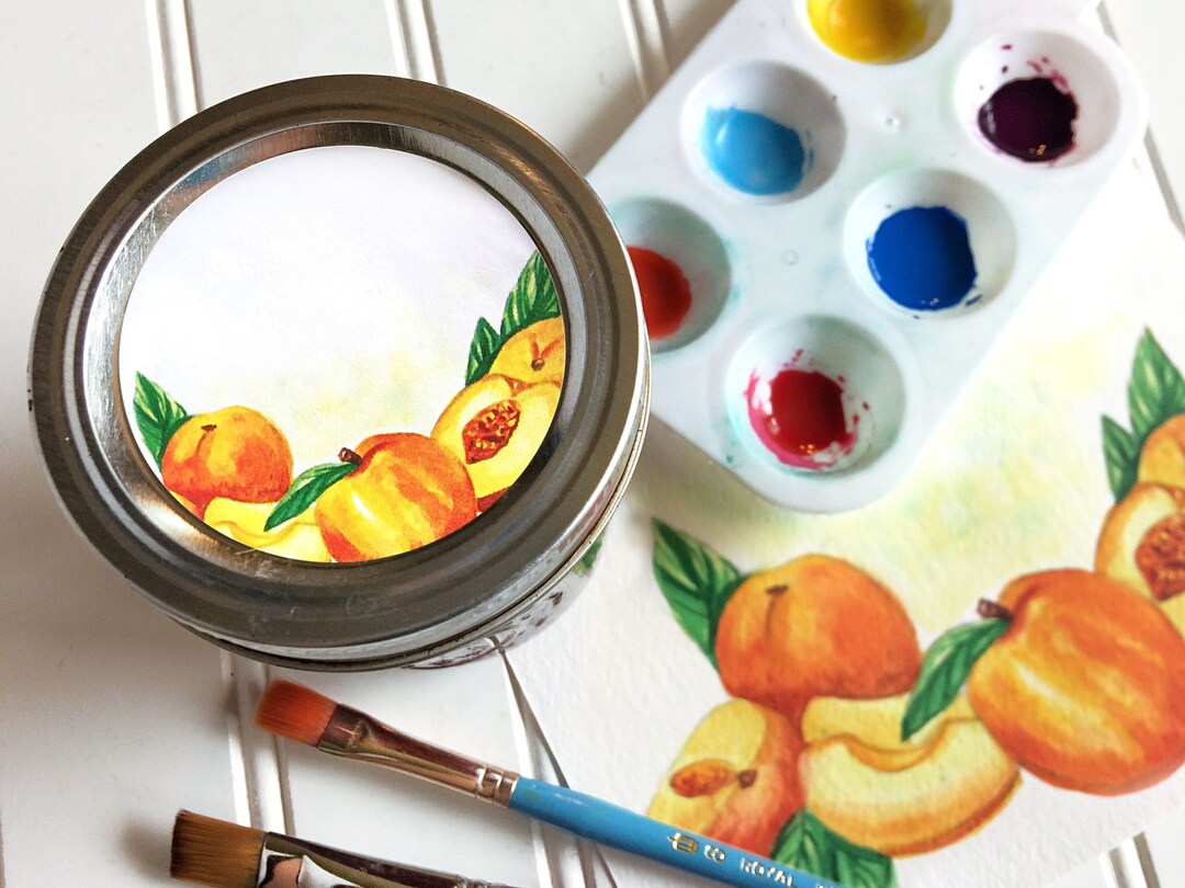 Watercolor Peach Mason Jar Labels, Round Printed Fruit Canning Stickers ...