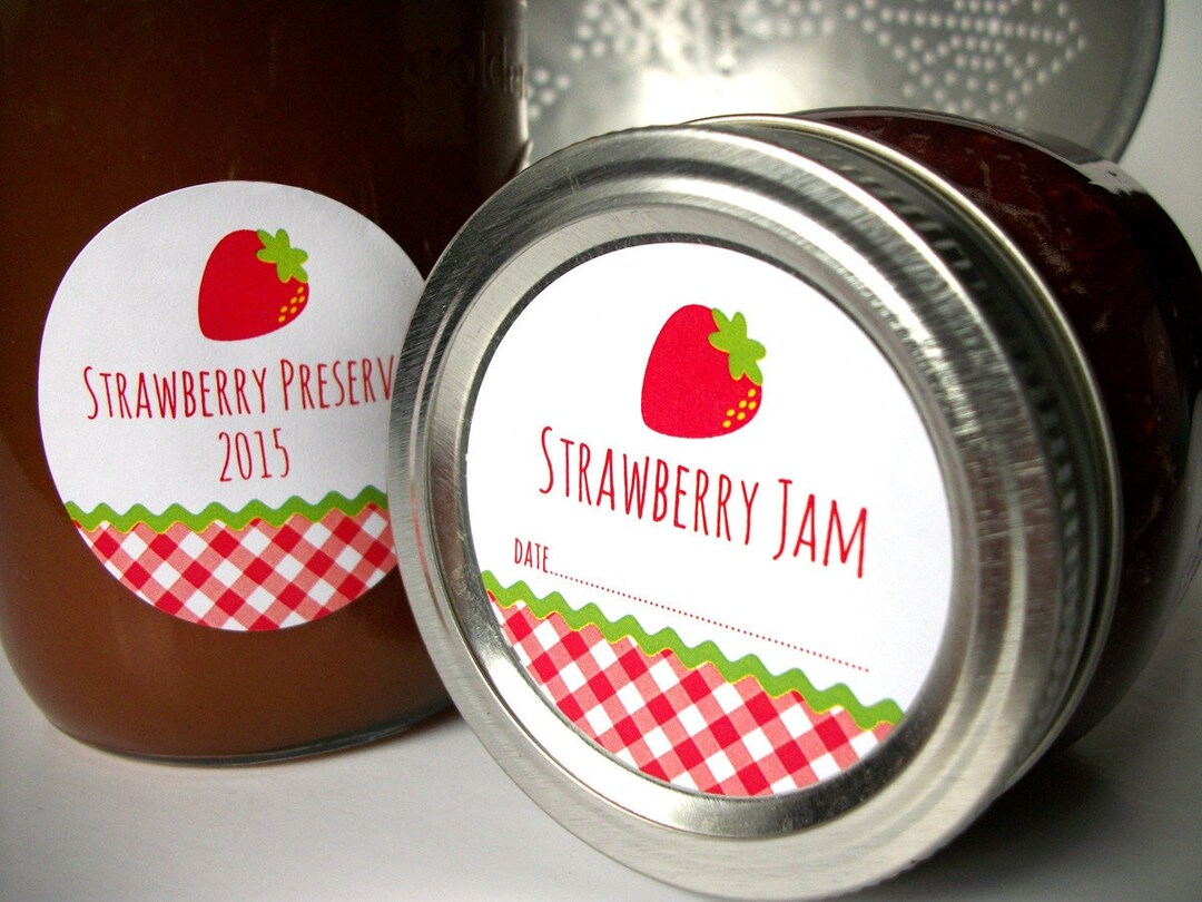 Gingham Strawberry Canning Jar Labels, Printed Round Red Mason Jar ...