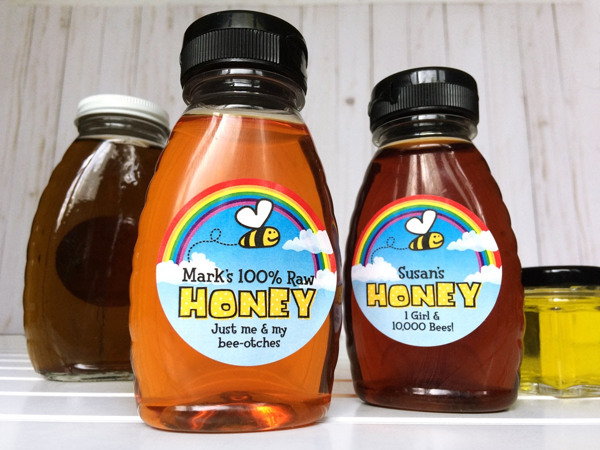 Bee Happy custom honey labels printed honey bottle and | Etsy