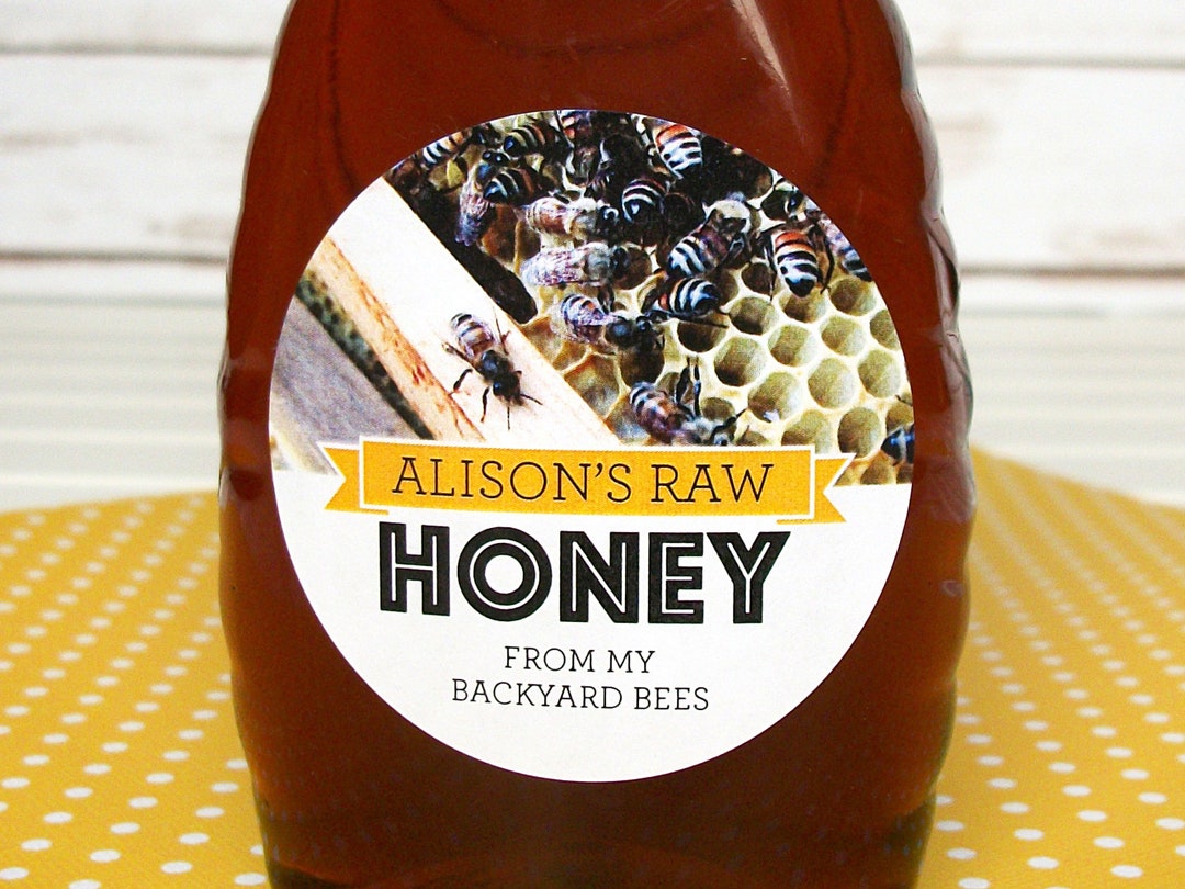 Custom Busy Bees Honey Bottle & Jar Labels, Round Honeycomb Honey Jar ...