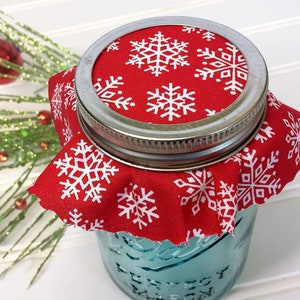 12 Red Snowflake Christmas Jam Jar Covers, Holiday Fabric Cloth Toppers ...