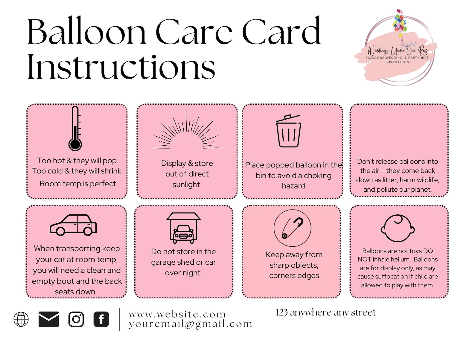Editable Balloons Care Instructions Template, Printable Balloon Safety ...