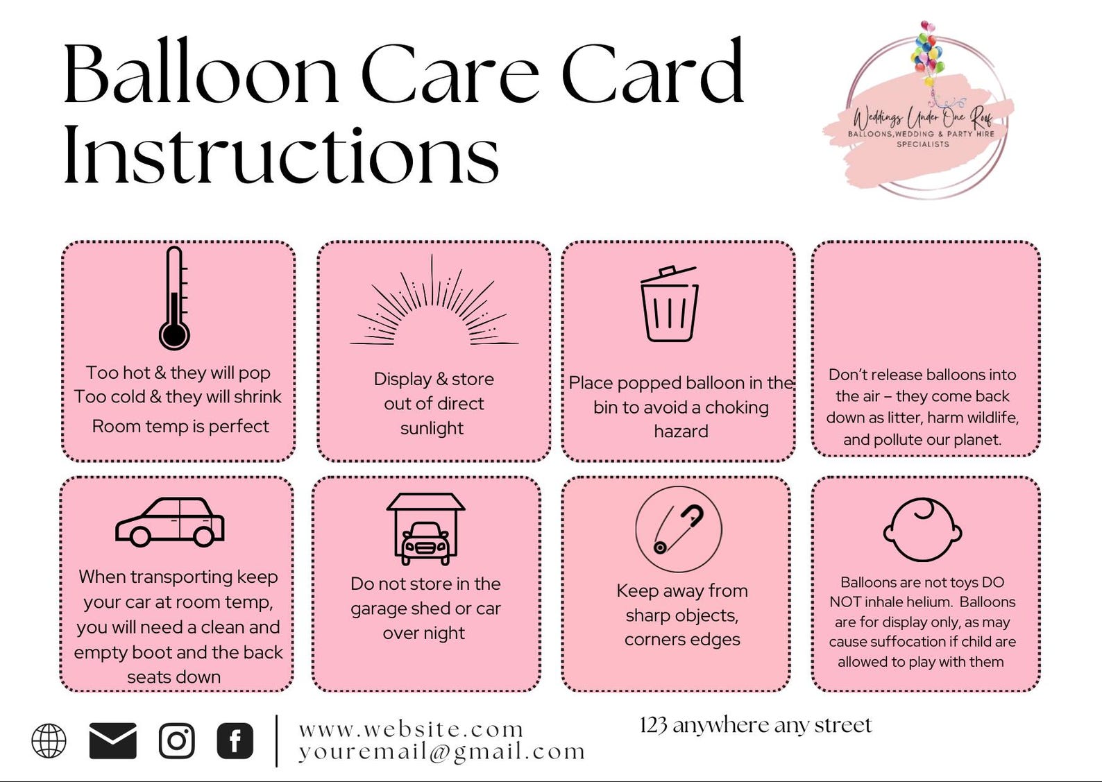 Editable Balloons Care Instructions Template, Printable Balloon Safety ...