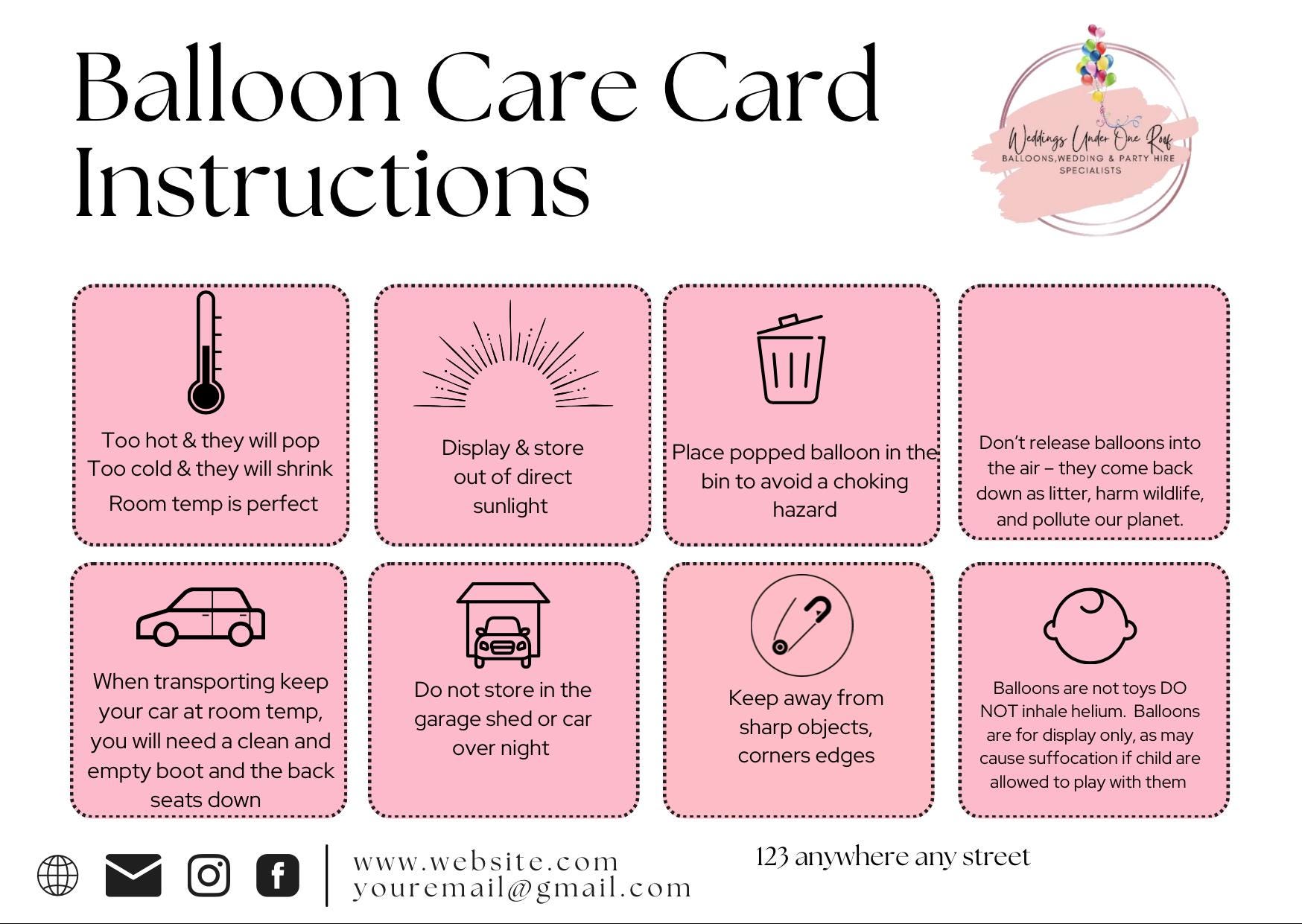 Editable Balloons Care Instructions Template, Printable Balloon Safety ...