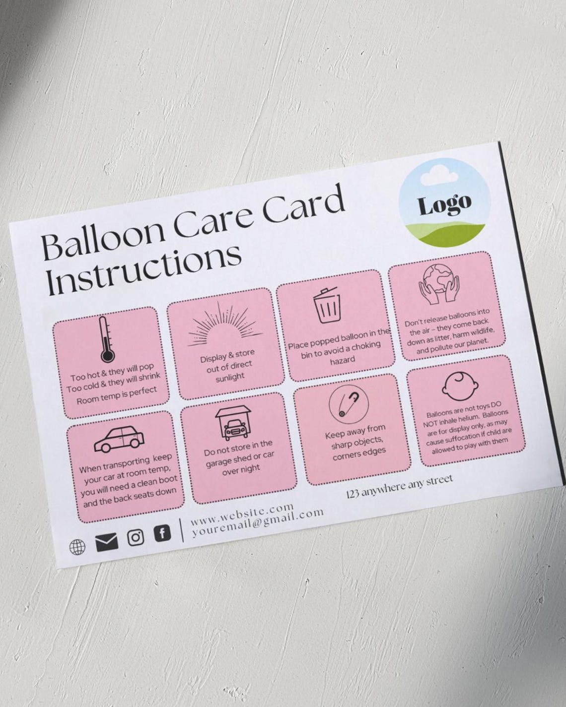 Editable Balloons Care Instructions Template, Printable Balloon Safety ...