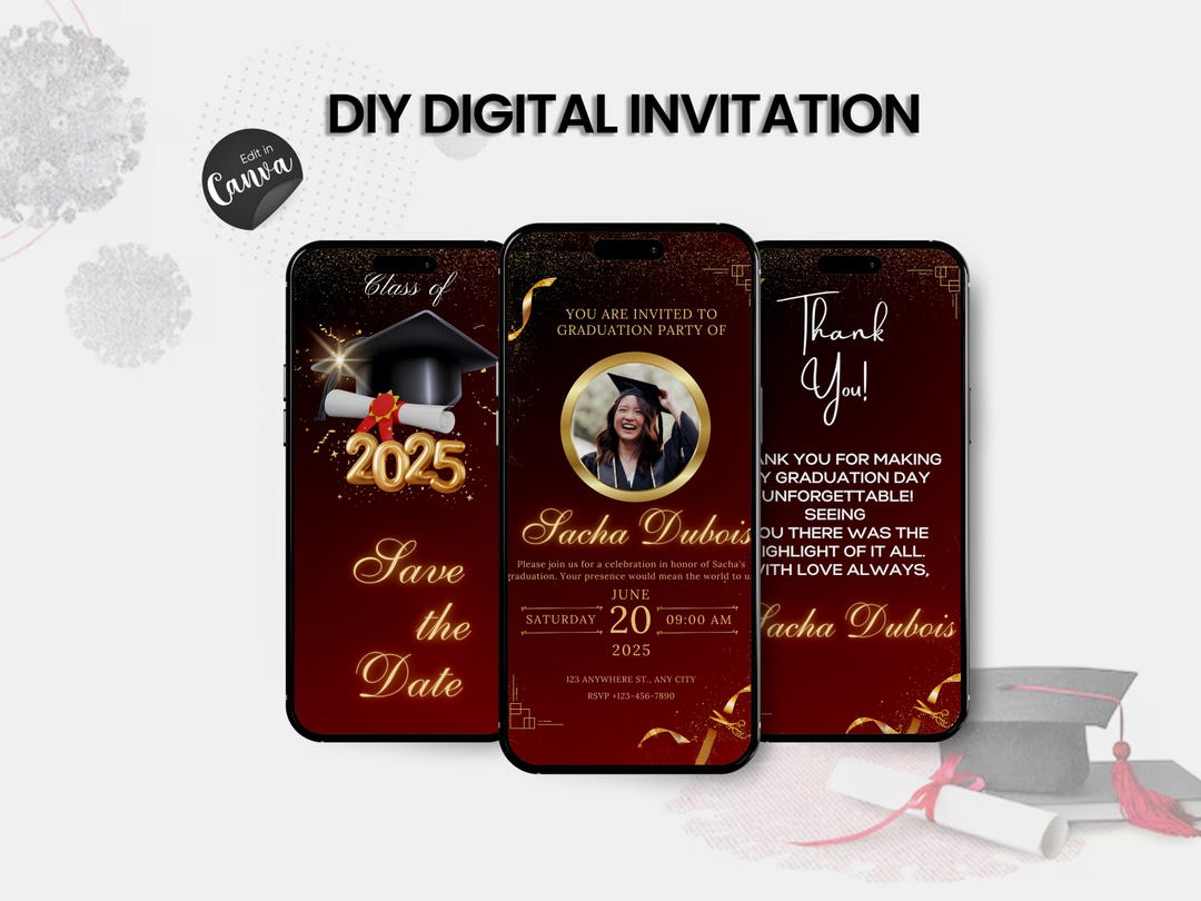 Red and Gold Graduation Invitation, Editable Digital Graduation ...