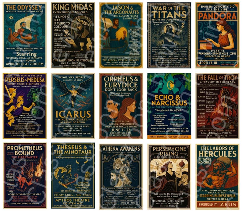 Greek Mythology Classroom Posters Bundle – 15 Vintage-style Theatre ...